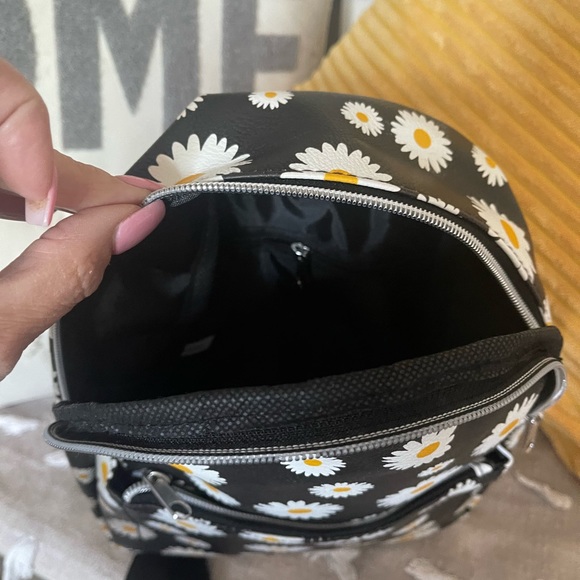 Bags | Super Cute Black With Daisy Patterned Small Backpack | Poshmark